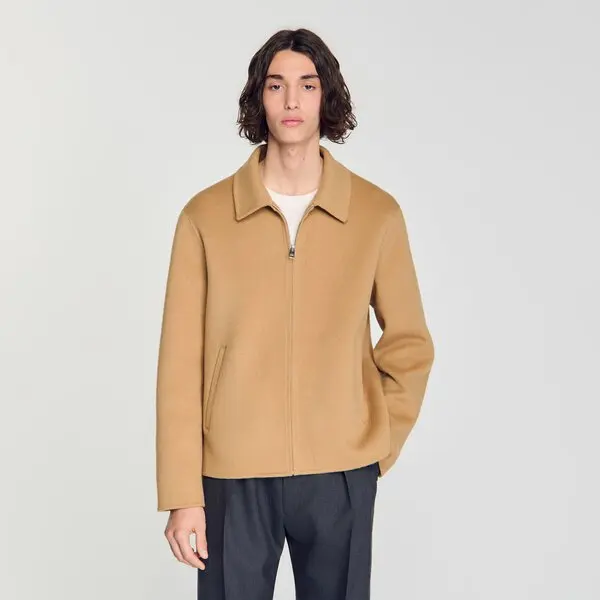 Sandro Double-faced Wool Jacket With Zip Fastening And Wing Collar - Camel