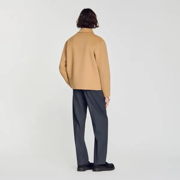 Sandro Double-faced Wool Jacket With Zip Fastening And Wing Collar - Camel