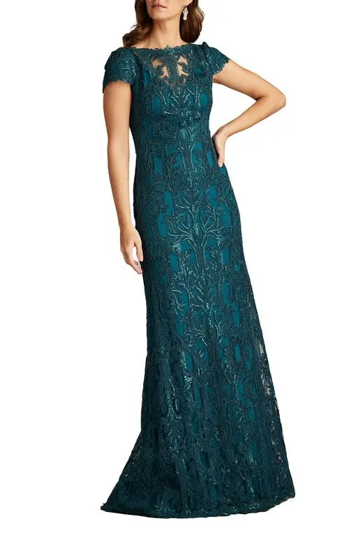Tadashi Shoji Sequin Leaf Print Sheath Gown - Tea Leaf
