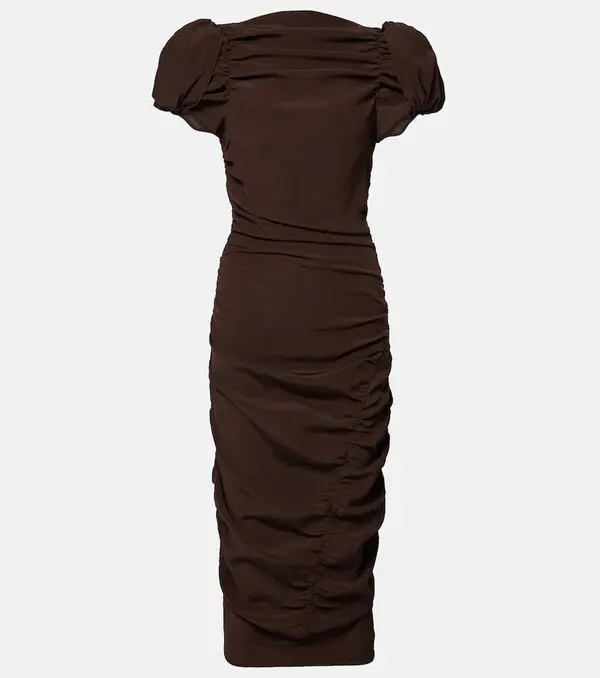 Magda Butrym Puff Sleeve Silk Midi Dress - Brown
