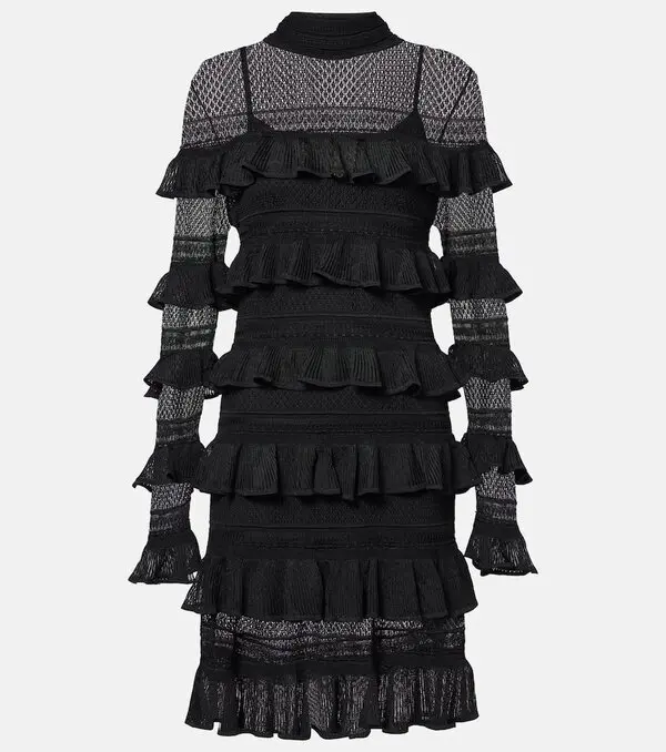 Zimmermann Crush High Neck Frilled Knitted Minidress - Black