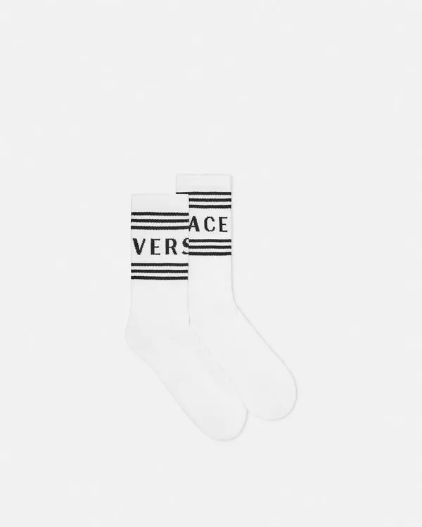 Versace Ribbed Cotton Socks With Logo - Black+white