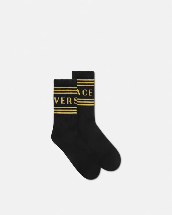 Versace Ribbed Cotton Socks With Logo - Black