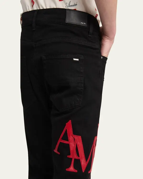 Amiri Staggered Leather Logo Skinny Jeans Black Red Editorialist