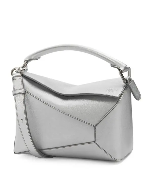 Loewe Small Metallic Leather Puzzle Top-handle Bag - Silver