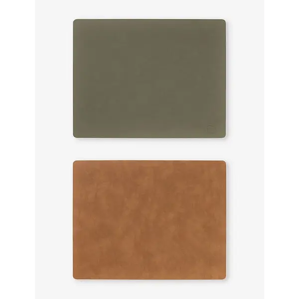 LIND DNA Square Large Reversible Leather Table Mat 35cm X 45cm - Army Green And Nature