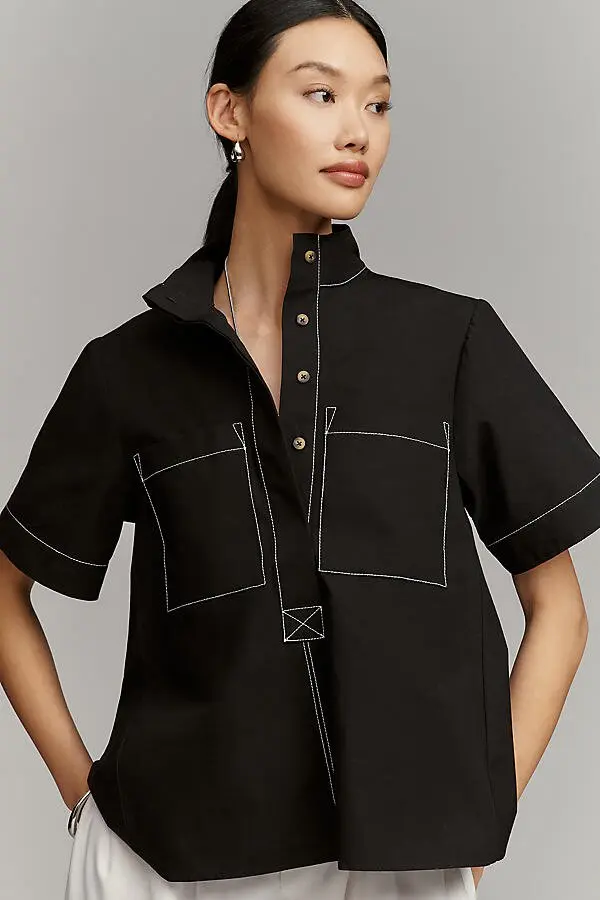 Maeve Popover Swing Top With Chest Pockets - Black