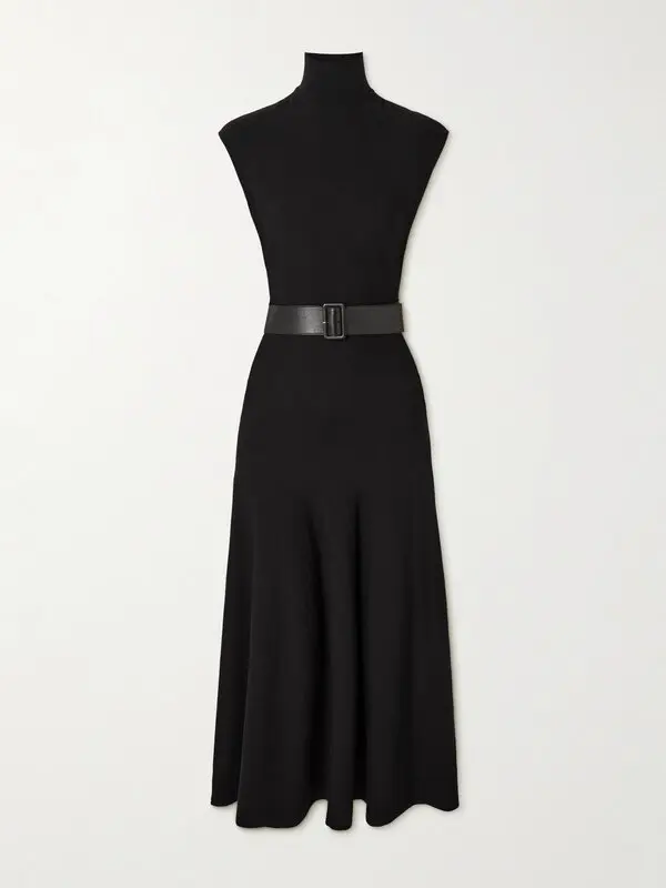 AlaA Belted Leather-Trimmed Wool-Blend Midi Dress - Black | Editorialist