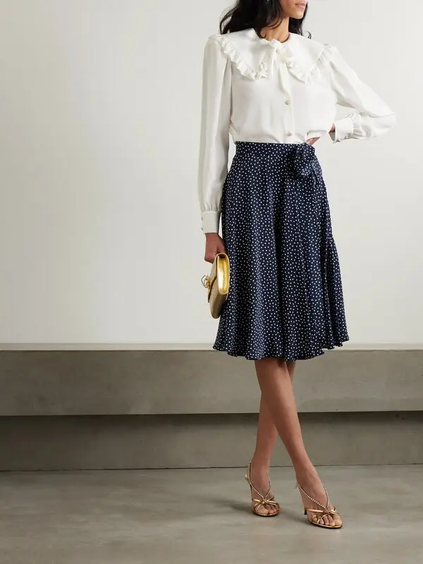 Alessandra Rich Pleated Polka-dot Silk Crepe De Chine Midi Wrap-effect Skirt