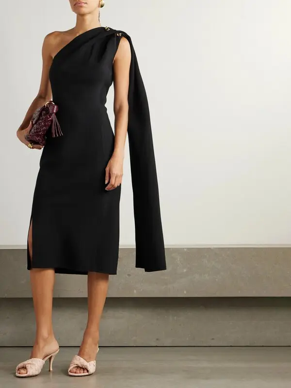 Bottega Veneta Cape-effect Embellished One-shoulder Crepe Midi Dress - Black
