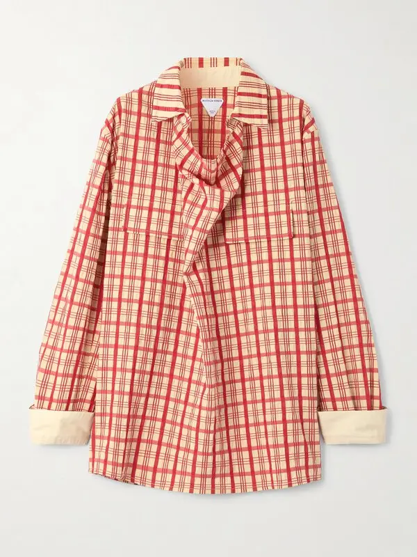 Bottega Veneta Draped Checked Cotton-seersucker Blouse - Red