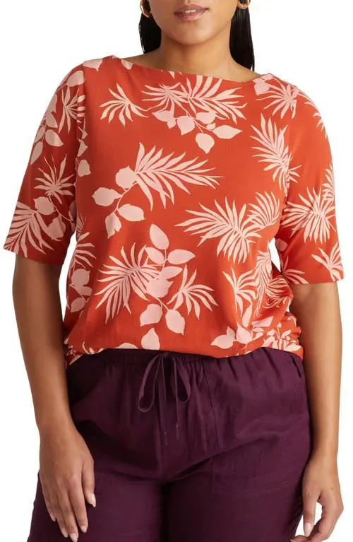 Universal Standard Bella Boatneck Stretch Pima Cotton Top - Rooibos Tea Palm Print