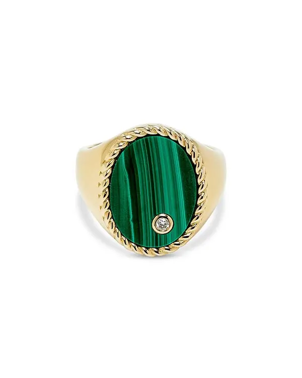 Yvonne Léon 9k Yellow Gold Diamond And Malachite Signet Ring - Green/gold