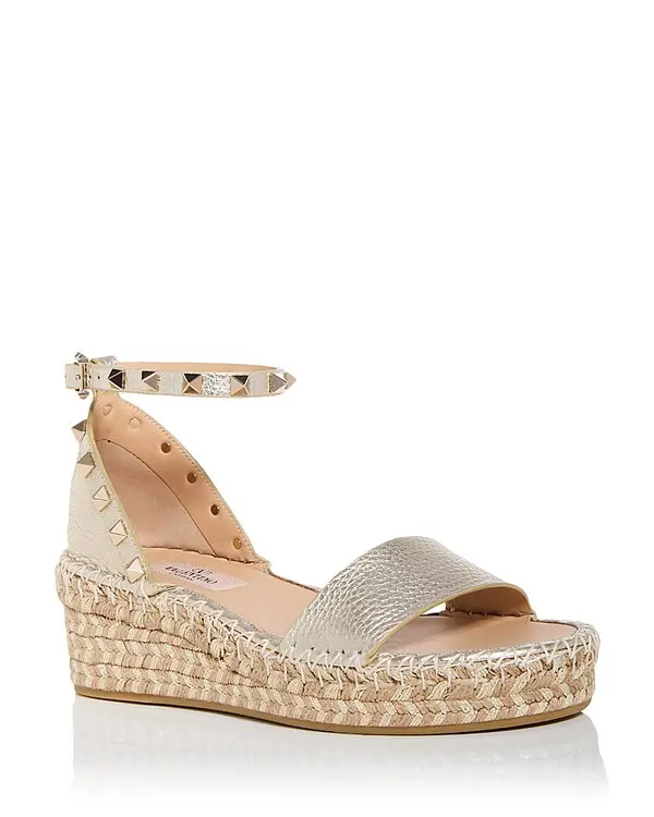 Valentino Garavani Rockstud Flatform Espadrille Sandals - Platino