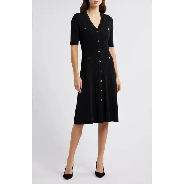 Anne Klein Ribbed V-Neck Dress In Anne Black - 30% Off | Editorialist