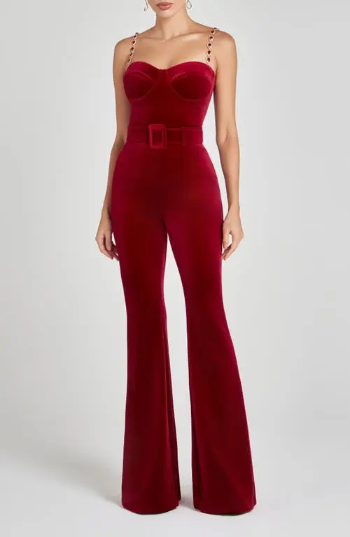 NADINE MERABI Harley Flare Velvet Jumpsuit - Red