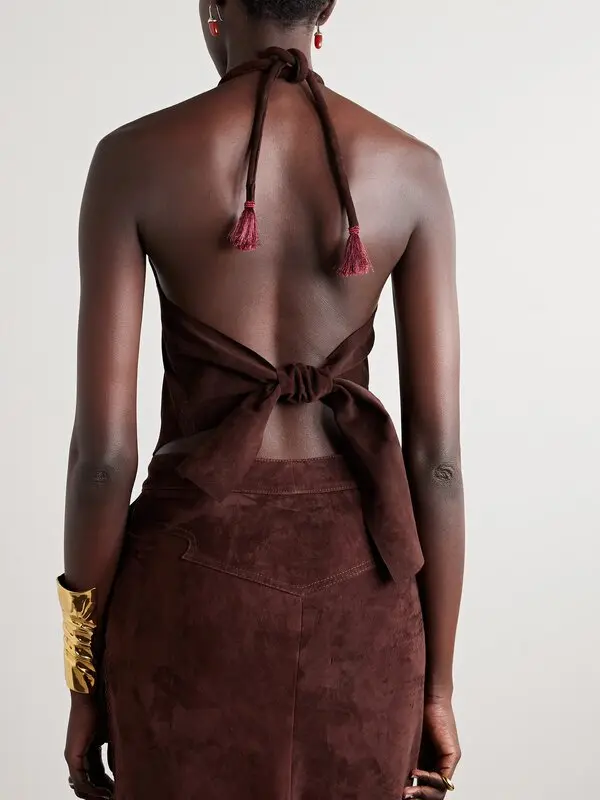 Johanna Ortiz Kell Cropped Suede Halterneck Top With Tassels