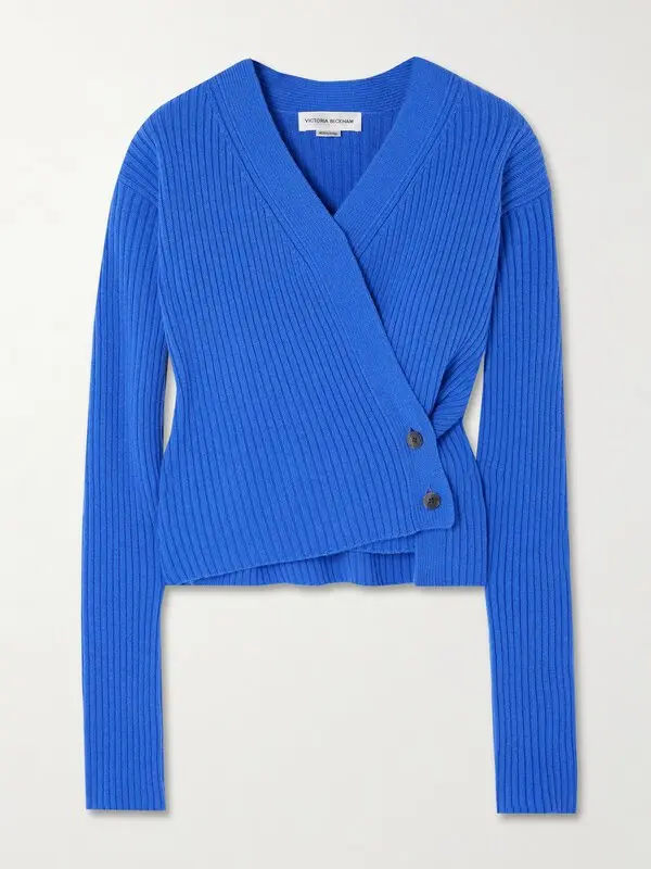 Victoria Beckham Wrap-effect Ribbed Cardigan - Blue