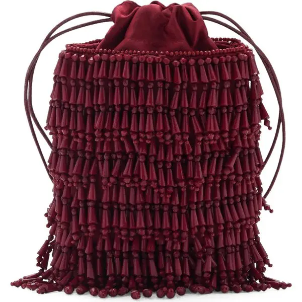 Mango Beaded Drawstring Bucket Bag - Burgundy