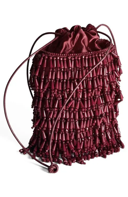 Mango Beaded Drawstring Bucket Bag - Burgundy
