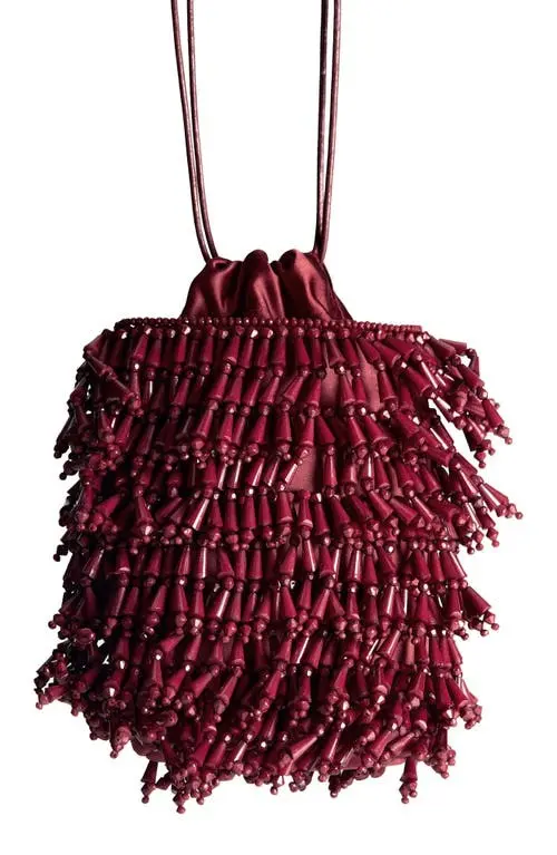 Mango Beaded Drawstring Bucket Bag - Burgundy