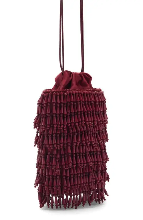 Mango Beaded Drawstring Bucket Bag - Burgundy