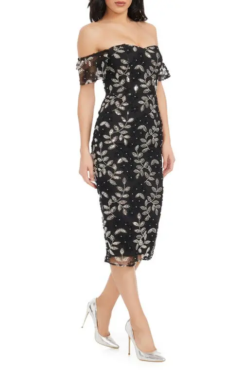 Dress The Population Tara Sequin & Beaded Off The Shoulder Cocktail Dress - Black-silver