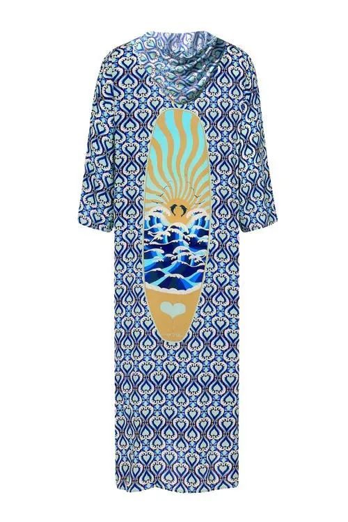 Henelle Hooded Printed Kaftan - Surf Rider