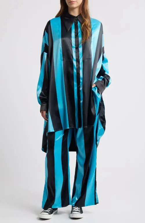DRESSED IN LALA Posh Stripe Oversize Satin Button-up Shirt & Pants Set - Blue/ Black