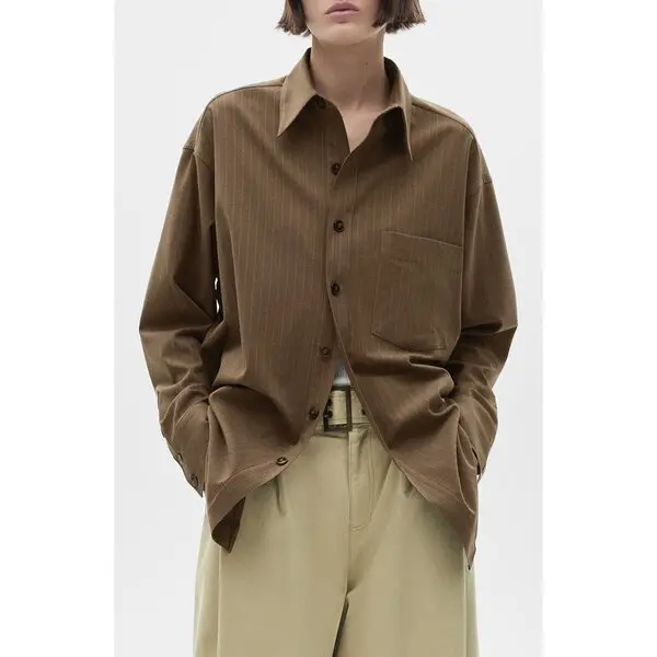 Mango Pinstripe Oversize Button-up Shirt - Olive Green