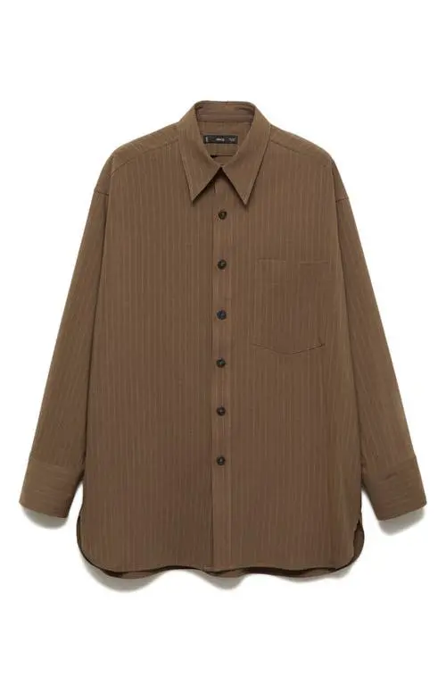 Mango Pinstripe Oversize Button-up Shirt - Olive Green