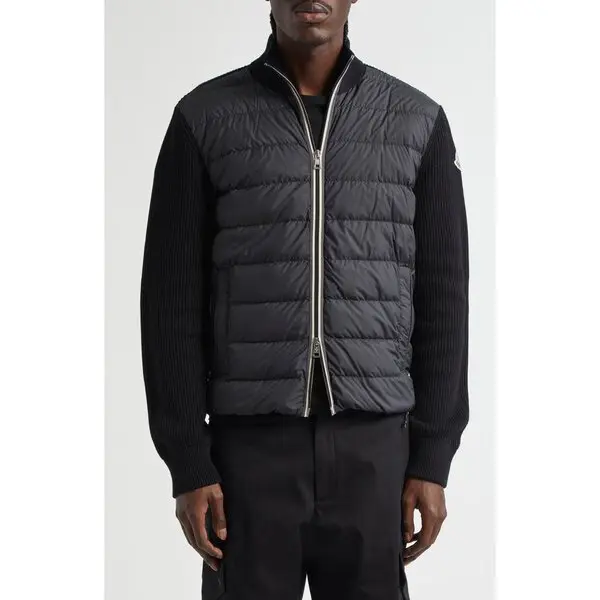 Moncler Quilted Down And Cotton Knit Cardigan - Black