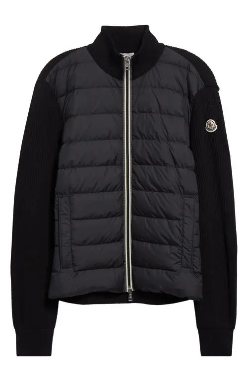 Moncler Quilted Down And Cotton Knit Cardigan - Black