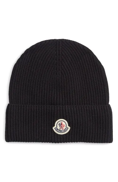 Moncler Logo Patch Ribbed Beanie - Black
