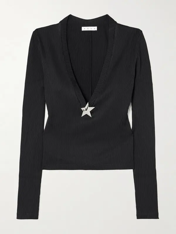 AREA Embellished Ribbed-jersey Top