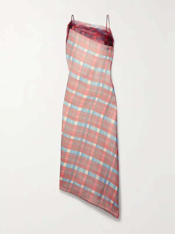 FERRAGAMO Gathered Checked Organza Midi Dress