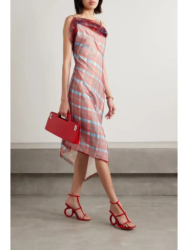 FERRAGAMO Gathered Checked Organza Midi Dress