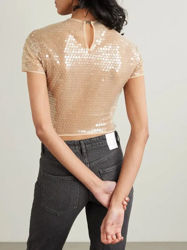 MUGLER Cropped Sequined Stretch-tulle Top