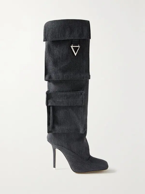 Attico Sienna Embellished Denim Knee High Boots - Gray