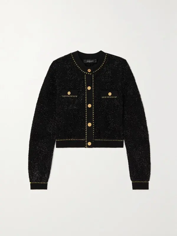 Versace Metallic Wool-blend Bouclé Cardigan
