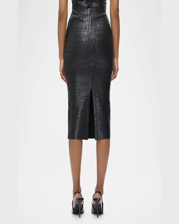 Herve Leger Parker Croc-Embossed Skirt Black Foil Editorialist