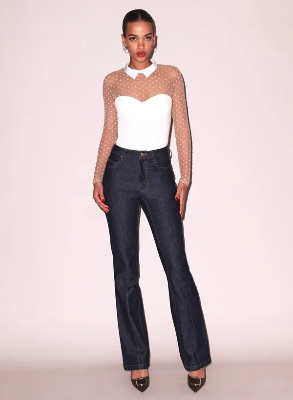 FLEUR DU MAL Collared Bodysuit With Dotted Tulle - Ivory