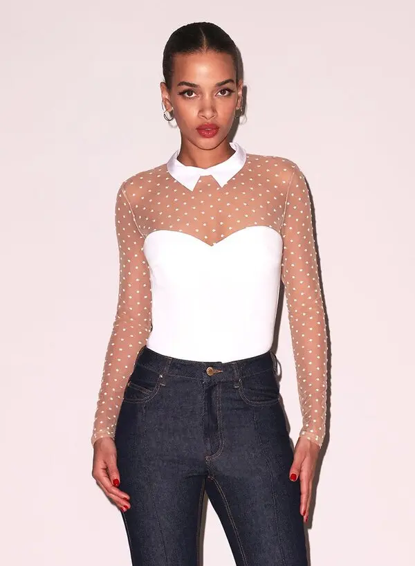 FLEUR DU MAL Collared Bodysuit With Dotted Tulle - Ivory
