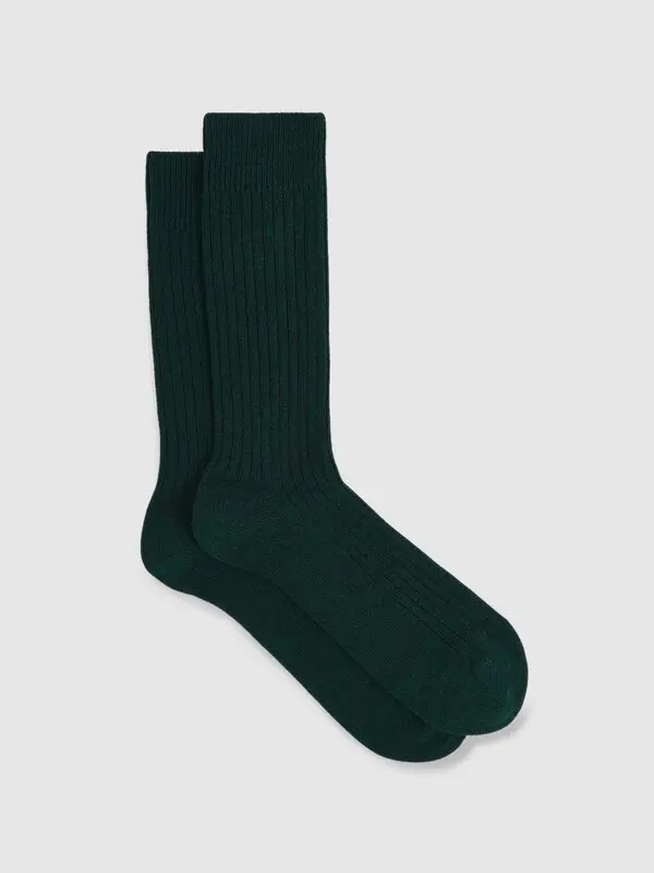 REISS Ezra Wool And Cashmere Ribbed Socks - Forest Green