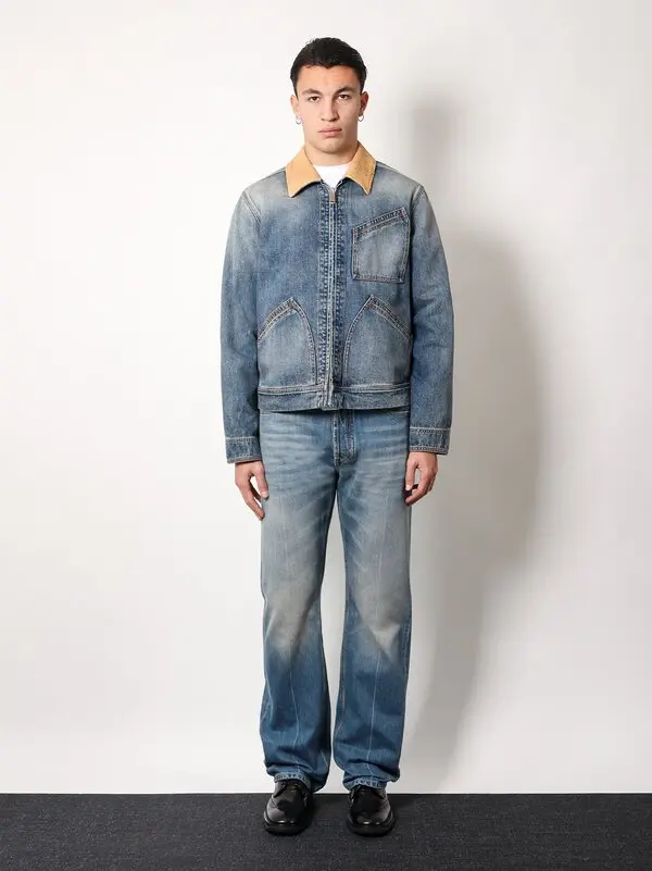 Alexander McQueen Washed Denim Jacket With Suede Collar