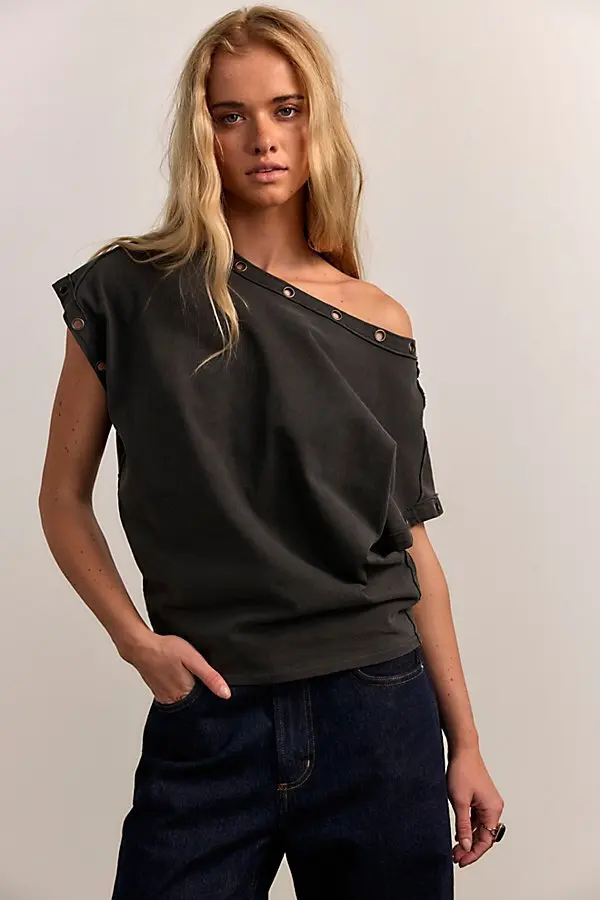 Free People We The Free Billie Tee With Defined Seaming And Capped Sleeves - Black
