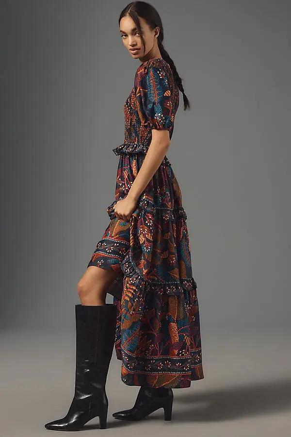 Short-sleeve Tiered A-line Maxi Dress