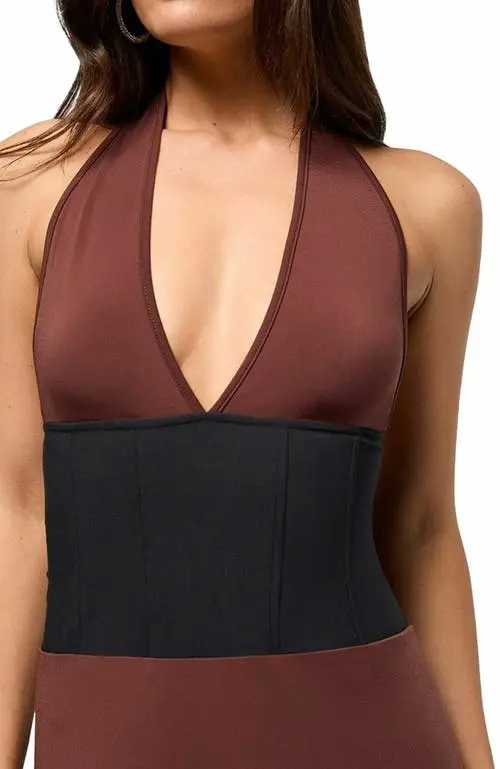 Weworewhat Corset Halter Asymmetrical Midi Dress In Chocolate/Black - 60%  Off | Editorialist
