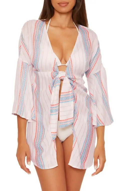 BECCA® By Rebecca Virtue Radiance V-neck Long Sleeve Cover-up Tunic - White/ Coral/ Oasis Stripe
