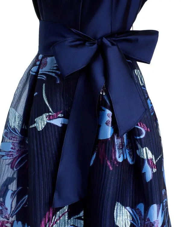 Rickie Freeman For Teri Jon Taffeta Floral Organza Shirt Dress Gown - Navy Multi